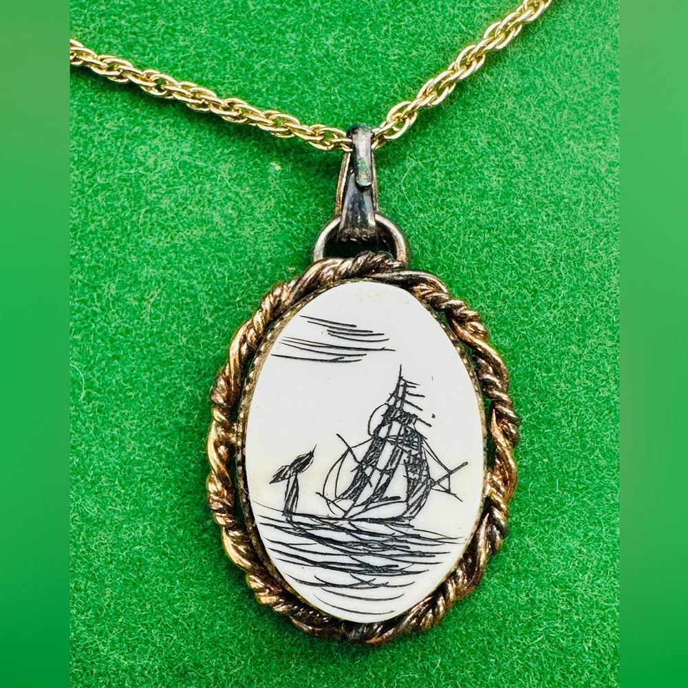 Vintage Scrimshaw Schooner Ship Pendant - Gem